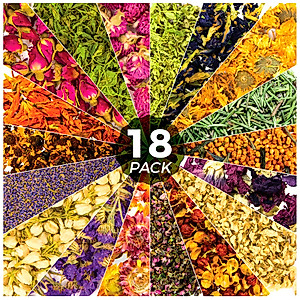 Dried Herbs and Flowers for Witchcraft Spells - Pack of 18 Variety Bulk Real Dry Flower Bags - Great for DIY Candle Making Kit Soap Essential Oil Resin Lip Gloss Includes Lavender Rose Petals Jasmine