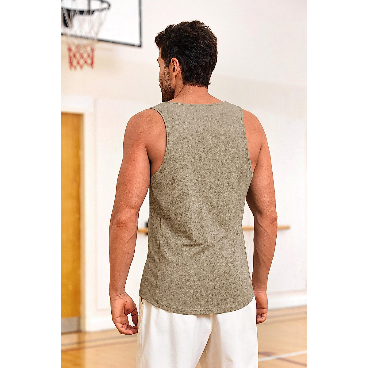 ZIWOCH Mens Workout Stringer Tank Tops Gym Muscle Sleeveless Cotton Shirt Training Bodybuilding Vest Khaki