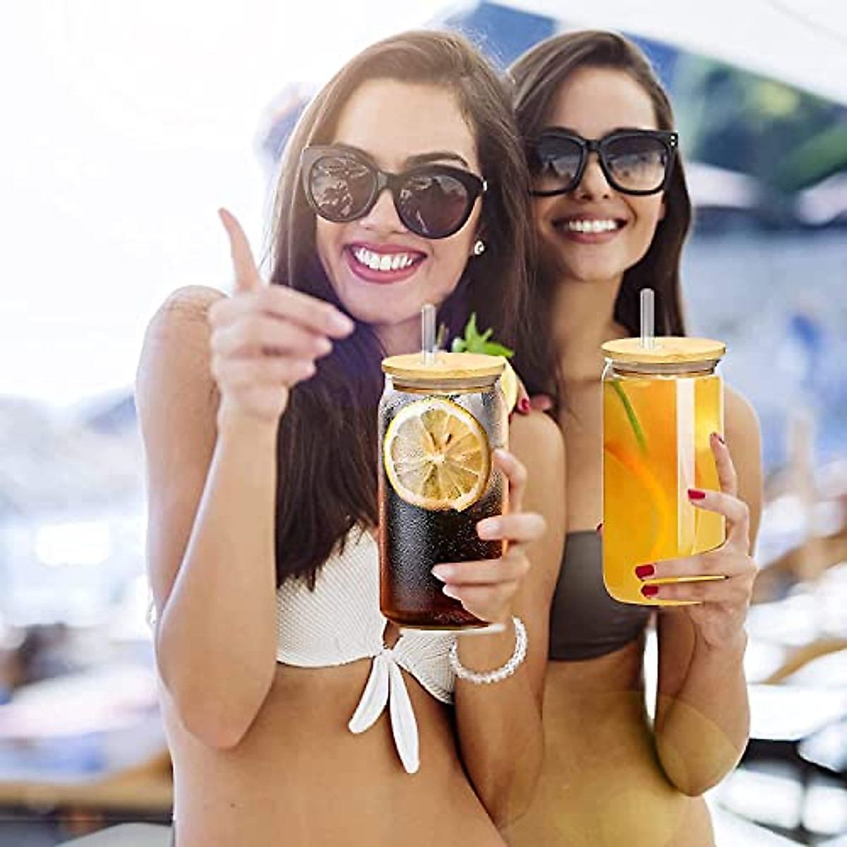 LMHEJING 6 Pieces 20oz Beer Glass with Lids and Straw, 20oz Glass Cups Glass Cups Beer Cute Tumbler Cup, Ideal for Whiskey, Soda, Tea, Water