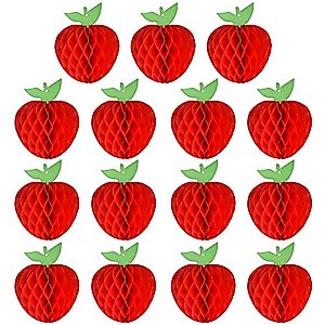 FEPITO 15 Pack 7 Inch Apple Tissue Honeycomb Hanging Red Paper Apple Decorations Fruit Decoration for Back to School, Baby Shower