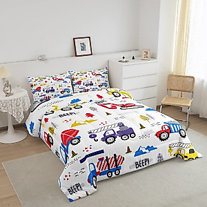 Kids Construction Truck Comforter Twin Size Boys Cartoon Cars Bedding Set Machinery Excavator Tractor Equipment Comforter Set 2Pieces Cute Vehicles Red Blue Yellow Quilt with 1 Pillowcase Boys