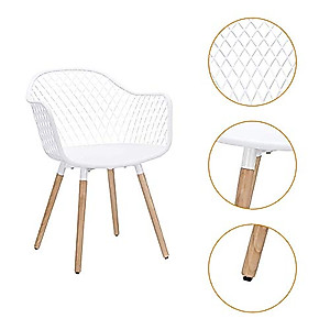 CangLong Modern Natural Wood Legs Easily Assemble Mid Century Molded Plastic Shell Arm Hollow Out Chair for Living, Bedroom, Kitchen, Dining, Waiting Room, set of 2,White