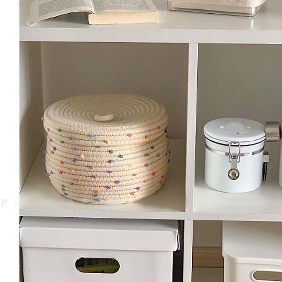 HERCHR Cotton Rope Basket, Small Rainbow Basket Mini Woven Basket Small Round Basket Woven Storage Basket with Lid for Organizing