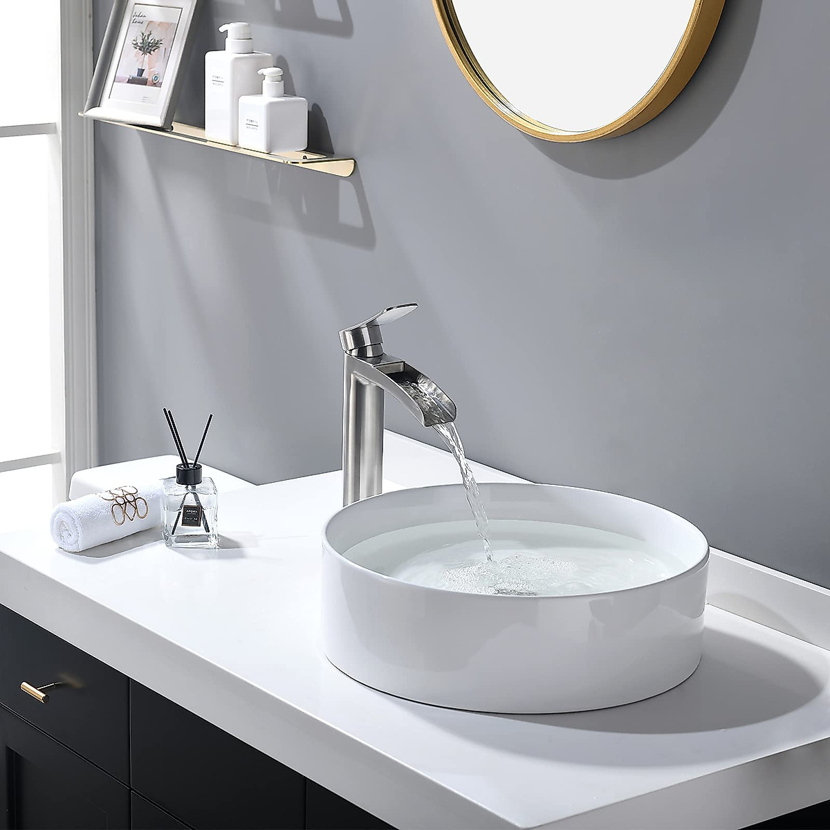 Phiestina Brushed Nickel Tall Bathroom Vessel Sink Faucet, Single Hole Single Handle Waterfall Modern Bathroom Faucet, with Pop Up Drain and Water Supply Line, NS-SF01-BN-V