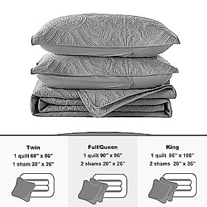 GRT Grey Quilt Sets King Size with Pillow Shams - Lightweight Reversible Quilt Bedding Set, Ultra-Soft Microfiber Modern Bedspread Coverlet Set for All Season (1 Quilt, 2 Pillow Shams)