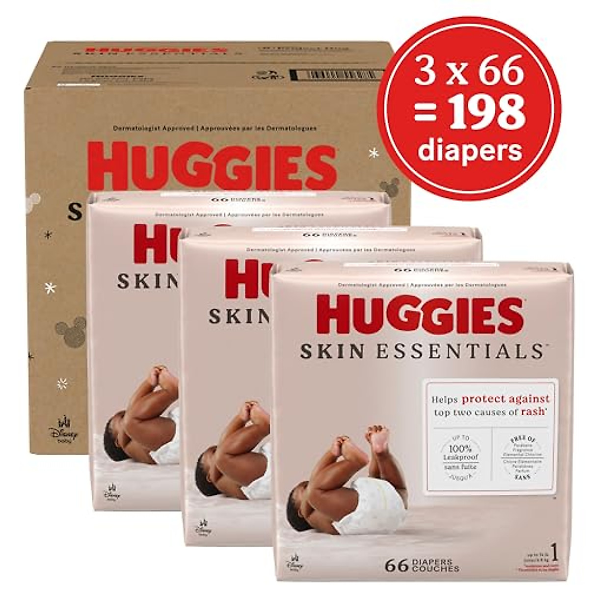 Huggies Size 1 Diapers, Skin Essentials Baby Diapers, Size 1 (8-14 lbs), 198 Count (3 Packs of 66)