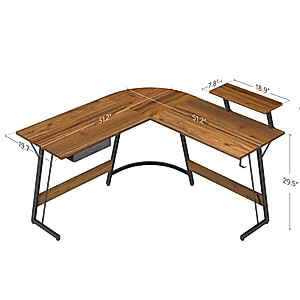 CubiCubi L Shaped Desk, Computer Corner Gaming Desk with Large Monitor Stand, 51.2" Home Office Writing Table, Workstation with Storage Drawer, Space-Saving, Walnut