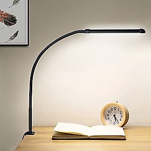 Phimuezl LED Desk Lamp with Clamp, Clamp Light with 30 Adjustable Color Modes,Clip on Light with Long Flexible Gooseneck, Eye-Care Lamp Clamp for Study, Work, Home, Office, (Black, 12W)