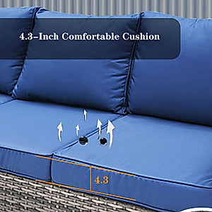 Outdoor Patio Sofa Set 3 Seat Couch, All Weather Comfort Rattan sofa with High Back and Navy Blue Cushions,Outdoor Sofa Set Furniture with Premium Brown Wicker for Garden, Backyard, Porch,Dark Blue