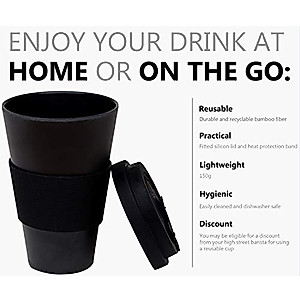 Reusable Coffee Cup Travel Mug Eco-Friendly Bamboo Fibre Silicon Natural 15oz (Black)