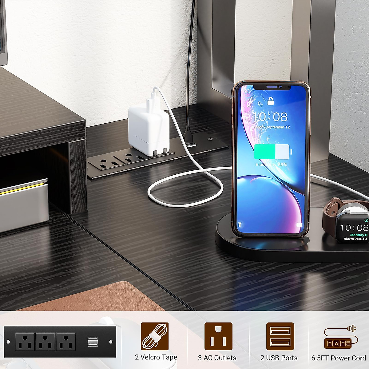 iSunirm Gaming Desk with Hutch - 47 Inch Computer Desk with LED Lights & Power Outlet, Home Office Writing Desk with Storage Shelf and Monitor Stand, Black