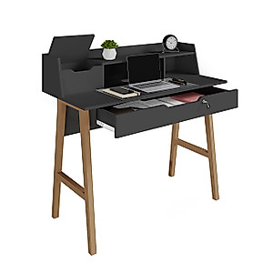 Modern Design Roma Small Desk for Bedroom, 40 inch Black Writing Desk with Hutch and Locking Drawer, by Crafts and Comfort