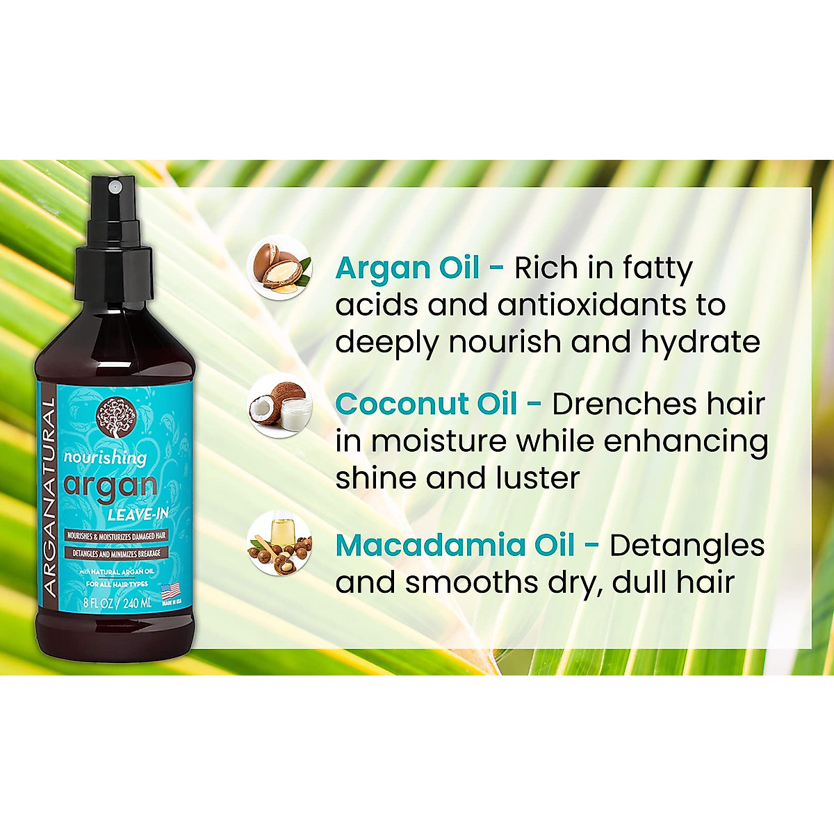 Arganatural Argan Leave-In Conditioner & Detangler for Damaged Hair, 8 fl oz Spray Bottle, Macadamia and Argan Oil, Paraben Free Hair Care