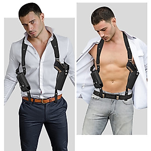 Shoulder Holster General Vertical Gun Holster Adjustable Leather Chest Holster for Concealed Carry with Double Magazine Pouch Adjustable for Glock 1911 and Most Kinds of Pistols-Right Hand Black