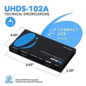 OREI 1x2 2.0 HDMI Splitter with Scaler Audio Extractor 2 Ports with Full Ultra HDCP 2.4K at 60Hz & 3D Supports EDID Control - UHDS-102A