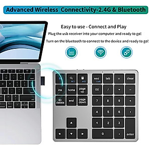 LOONASA Bluetooth Number Pad, Rechargeable Wireless Numeric Keypad, Three Mode, Slim & Silent Design, 35-Keys External Numpad USB Keyboard for MacBook, iPad, iPhone, iOS, Laptop, Windows, Android, PC