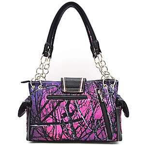 Camouflage Crown Buckle Western Style Purse Floral Shine Glow Country Handbag Women Shoulder Bag Crossbody Wallet Set (Purple)