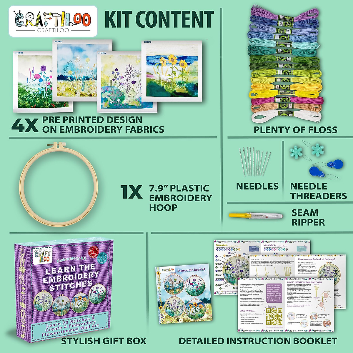 CRAFTILOO Embroidery kit for Beginners Cross Stitch for Beginners Needlepoint Kits for Adults Embroidery Kits Beginner Embroidery kit for Adults 4 Flowers