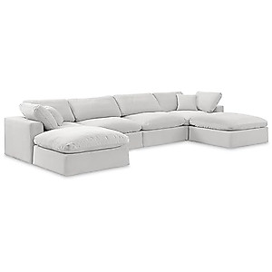 Meridian Furniture 189Cream-Sec6B Comfy Collection Modern | Contemporary Upholstered Modular Sectional, Soft Cream Velvet, Down Feather Cushions, 158" W x 79" D x 34.5" H, Cream