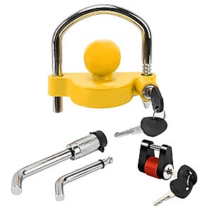 Keyed Alike Trailer Receiver Lock& Coupler Lock Kit, 1/2" and 5/8" Dia Dual Bent Pin Hitch Lock, 1/4” Dia 3/4” Inch Span Coupler Lock,Universal Tow Ball Lock Fits 1-7/8",2' 2-5/16" Coupler Yellow