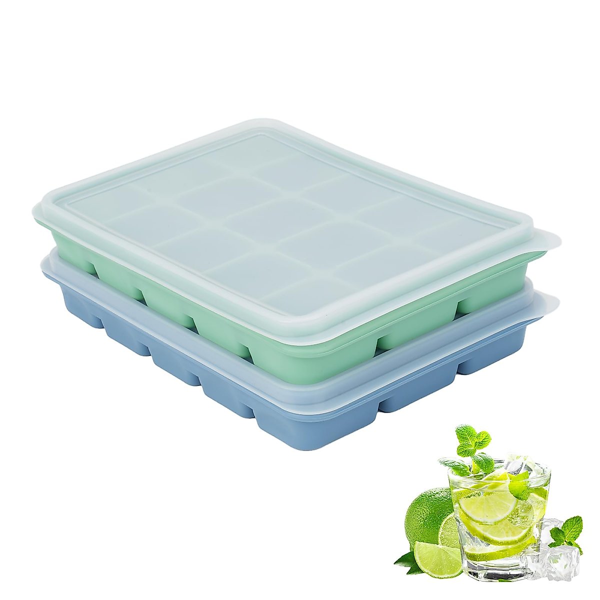Ice Cube Trays with Silicone Lid, 15 Grid Square Ice Tray Easy Release Stackable Ice Cube Mold, 2 Pack (Grey Blue+Green)