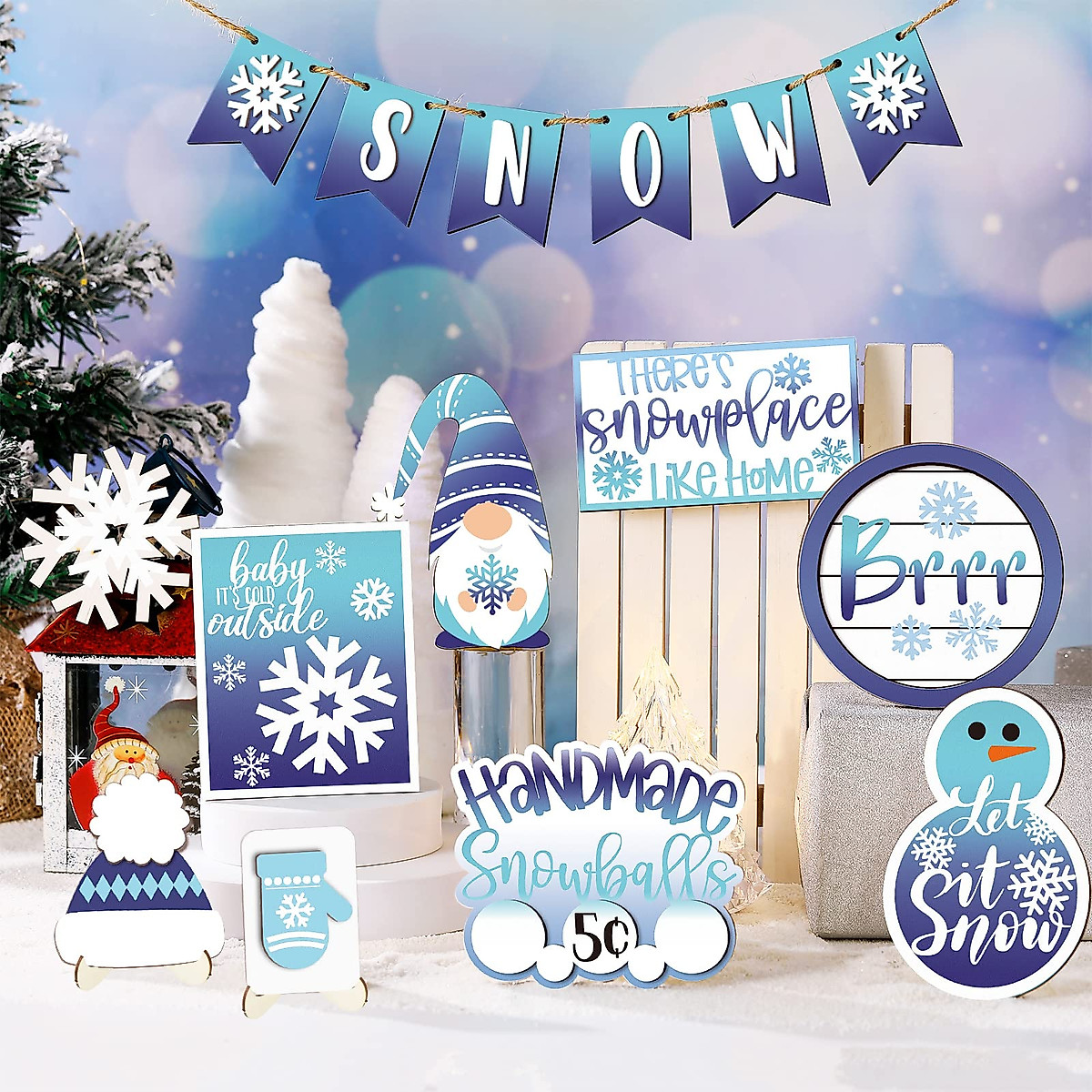 15 Pieces Christmas Tiered Tray Decor Gingerbread Christmas Decor Farmhouse Christmas Table Decorations Tiered Tray Christmas Decor Set Winter Wooden Sign Tabletop for Xmas Party (Vivid Style)