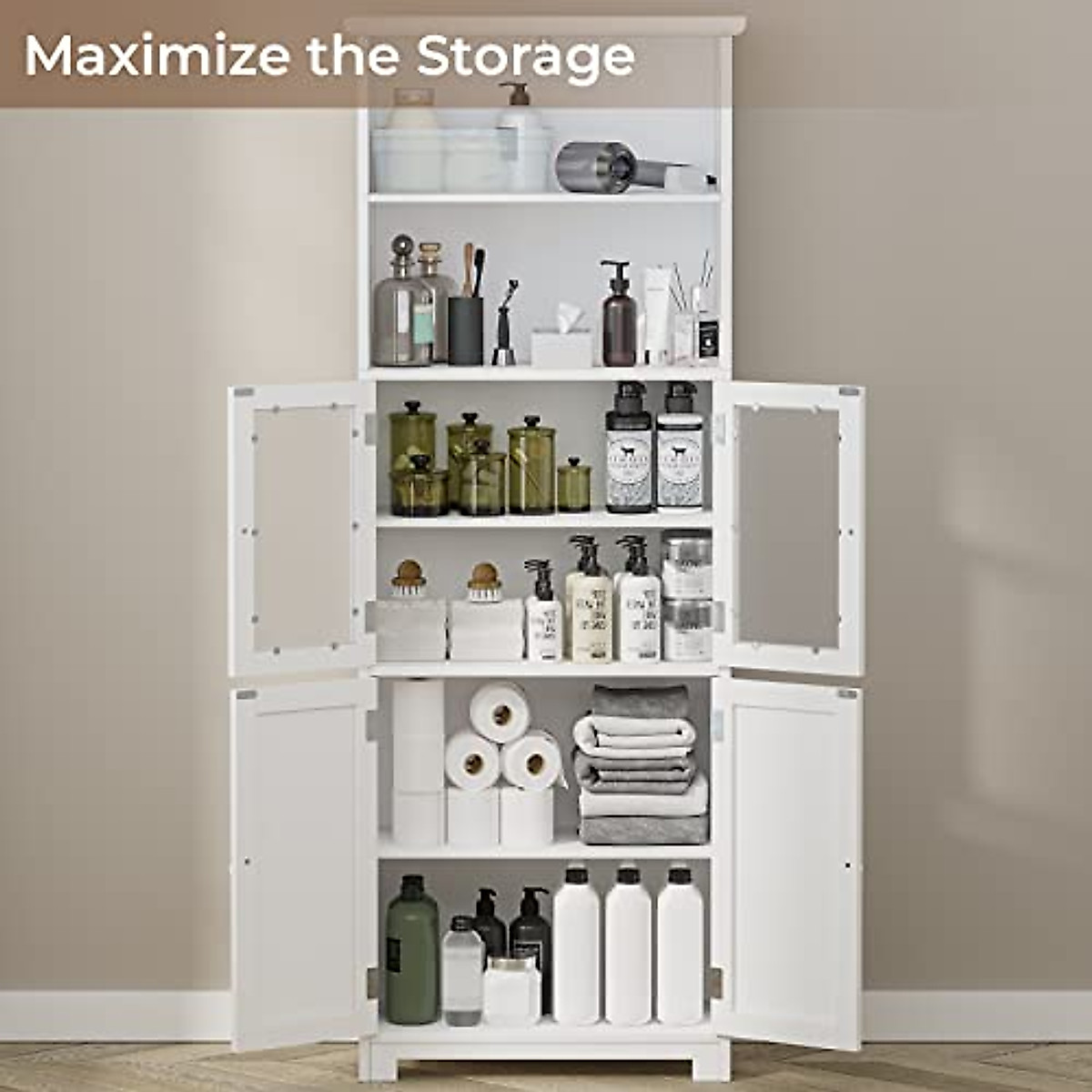 ADORNEVE 64" Bathroom Storage Cabinet, Linen Cabinet with 2 Doors, Tall Storage Cabinet with 2 Open Compartments & Adjustable Shelves for Bathroom, Living Room, Office, White