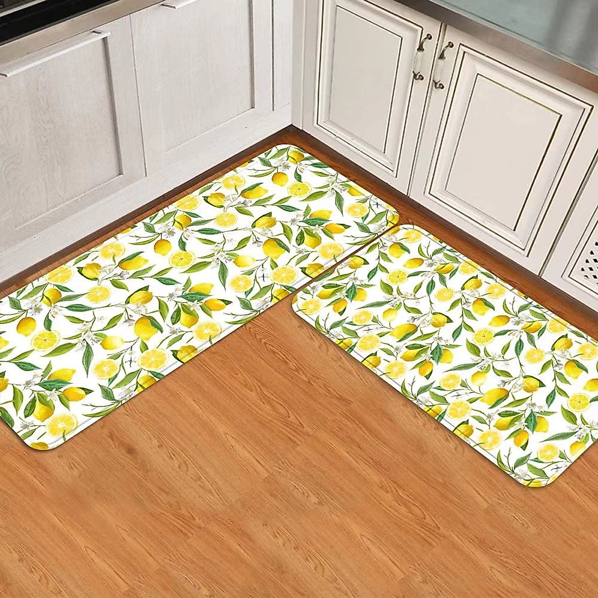 Kitchen Rugs Sets 2 Piece Floor Mats Lemon Tree Tropical Summer Yellow Lemons Fruit Floal Doormat Durable Farmhouse Cushion Area Rugs Washable Runner Carpet Set Non Slip Lemon Kitchen Rug and Mats