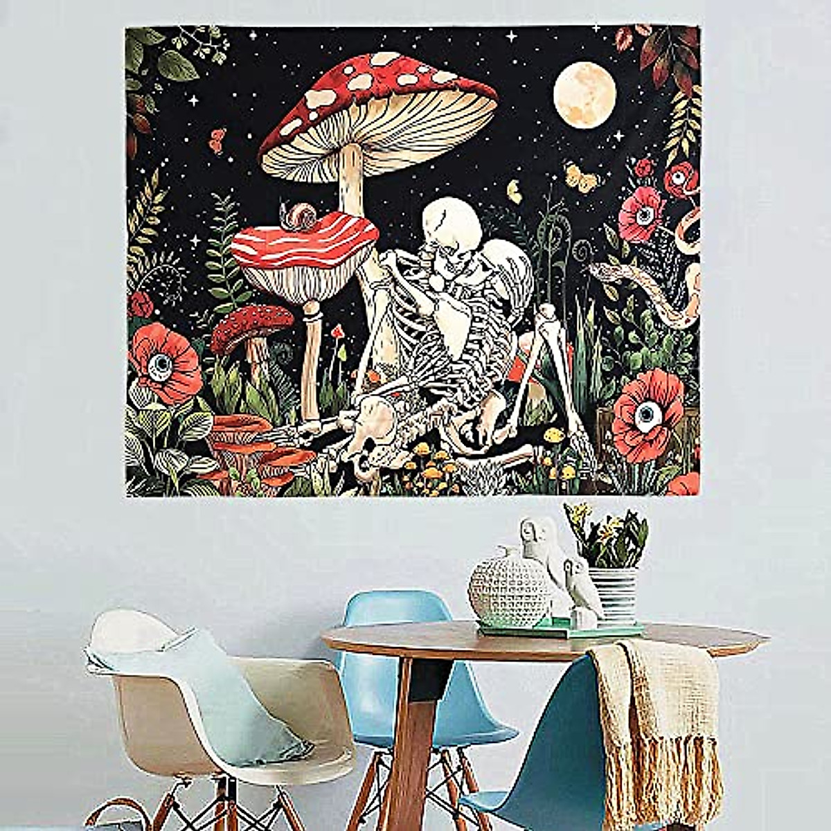 FEFURS Mushroom Skull Floral Tapestry,Skeleton Floral Tapestries Moon Garden Tapestry Mushroom Plants Tapestry Wall Hanging Wall Tapestry for Bedroom aesthetic (29x38 Inches)