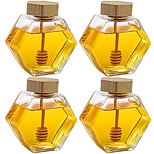 DEAYOU 4 Pack 7 Oz Honey Pot Jars, Glass Honey Pot with Wooden Dipper and Cork Lid, Hexagon Shape Honey Container Dispenser Storage, Clear Heat-Resistant Honeypot for Home, Kitchen