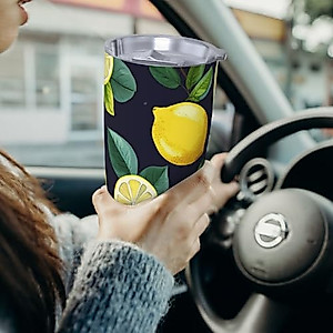 Lemon fruit Tumbler with Lid and Straw 20oz Stainless Steel Car Cup for Hot and Cold Drinks, Double Wall Insulated Travel Coffee Mug Reusable Drink Thermos Cup Birthday Gifts