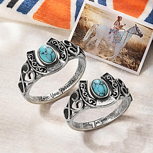 AILIN Custom Luck Horseshoe Turquoise Ring 925 Sterling Silver/Brass Personalized Engraved Vintage Bohemia Rings Lucky Birthday Jewelry Mother Gifts For Women Daughter