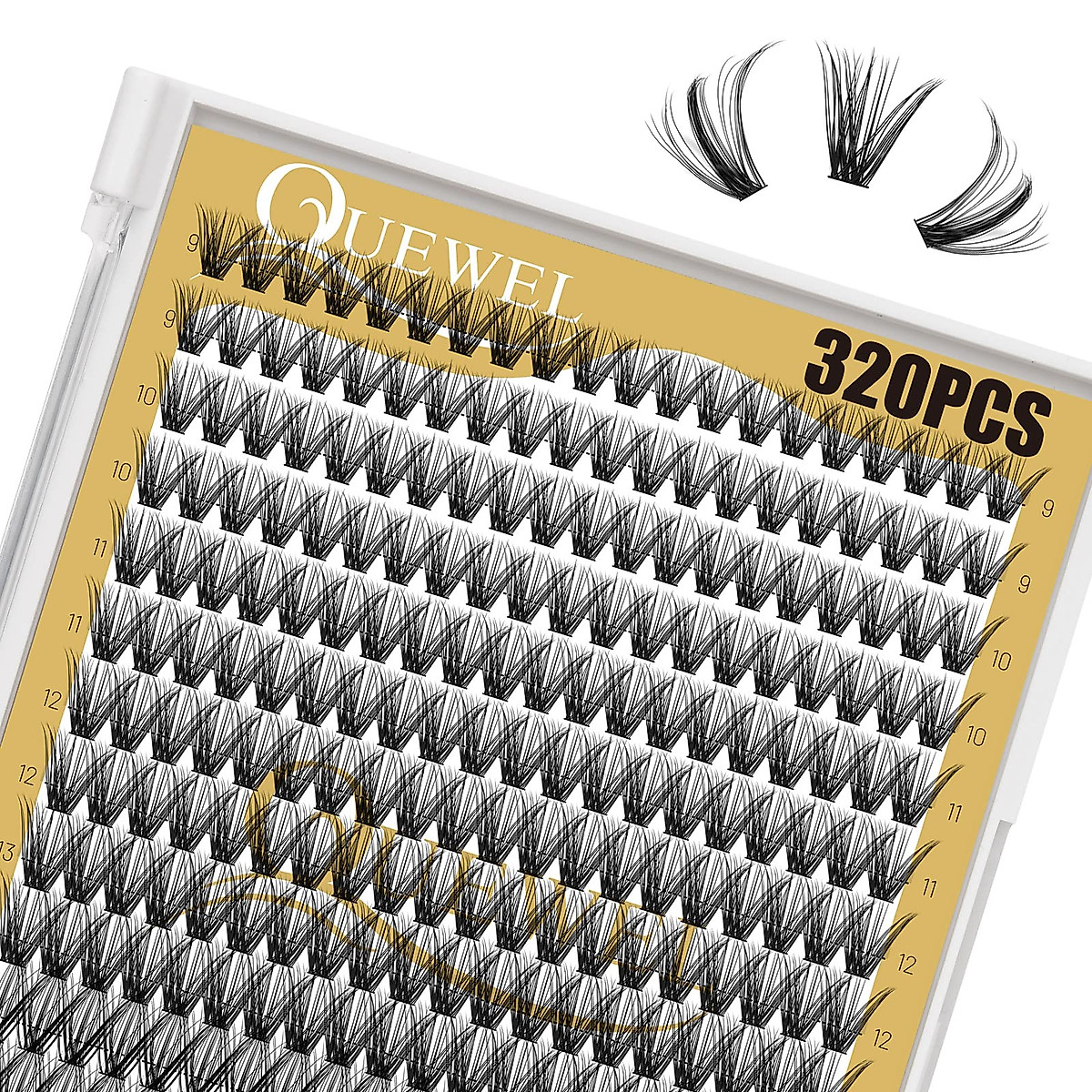 QUEWEL Lash Clusters 320Pcs Cluster Lashes 40D D Curl Lash Clusters Mix9-16mm Individual Eyelashes Clusters Wispy DIY Eyelash Extension Thin Band Soft to Use at Home (40D D Mix9-16)