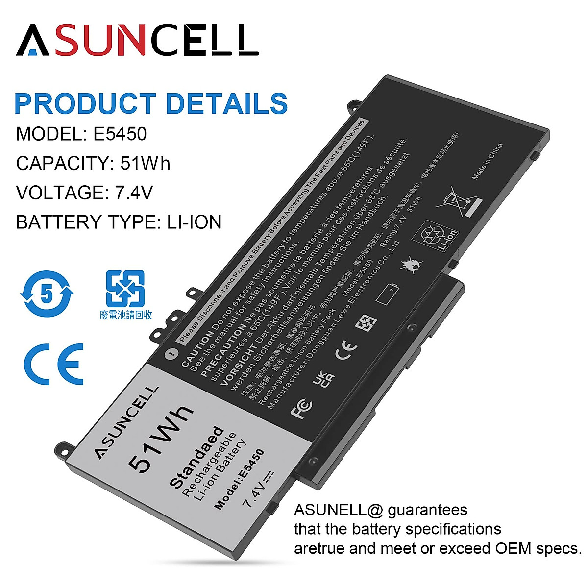 ASUNCELL 51Wh G5M10 Battery for Dell Latitude 14 E5450 5450 15 E5550 5550 12 E5250 5250 3150 3160 3550 Series VMKXM 451-BBLN G5M10 08V5GX 5XFWC, 7.4V 4-Cell