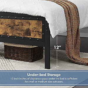Yaheetech Full Bed Frame Metal Bed with Rivet Design Wooden Headboard&Footboard, Modern Rustic Style/No Box Spring Needed/Easy Assembly, Rustic Brown Full Bed