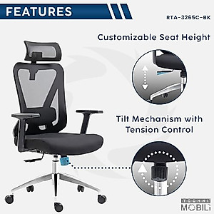 Techni Mobili Truly Ergonomic Office Chair with Lumbar Support & Adjustable Headrest – Breathable Mesh Office Chair with 5 Precision Adjustment Points, Black