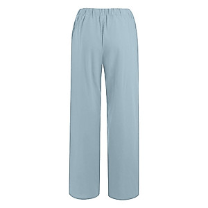 PETYCZEN Women's Cotton Linen Pants Summer Casual Elastic Waist Straight Leg Sweatpants Relaxed Fit Drawstring Wide Leg Pants Loose Beach Palazzo Pants Trousers with Pockets(C-Light Blue,X-Large)