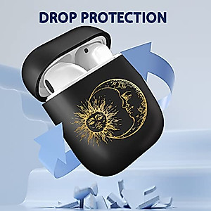 Kokaaee for Airpod Case 2nd & 1st Generation Cover Black Funda Cute Fun Aesthetic Cool Funny Silicone Estuche with Keychain Girls Women Boys Protector Sun and Moon Teen for Apple Air Pod 1/2 Gen Cases