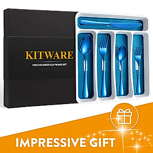 60 PCS Blue Silverware Set with Organizer Tray Service for 12,KITWARE Stainless Steel Flatware Cutlery Set,Mirror Polished Cutlery Utensil Set,Home Kitchen Dinnerware Fork Knife Spoon Set