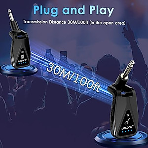 Wireless Guitar System: 164 Feet Range Wireless Transmitter Receiver - UHF 4 Channels Rechargeable Audio, 220° Rotatable Plug Design for Guitar Bass and Electric Instruments.(Black)