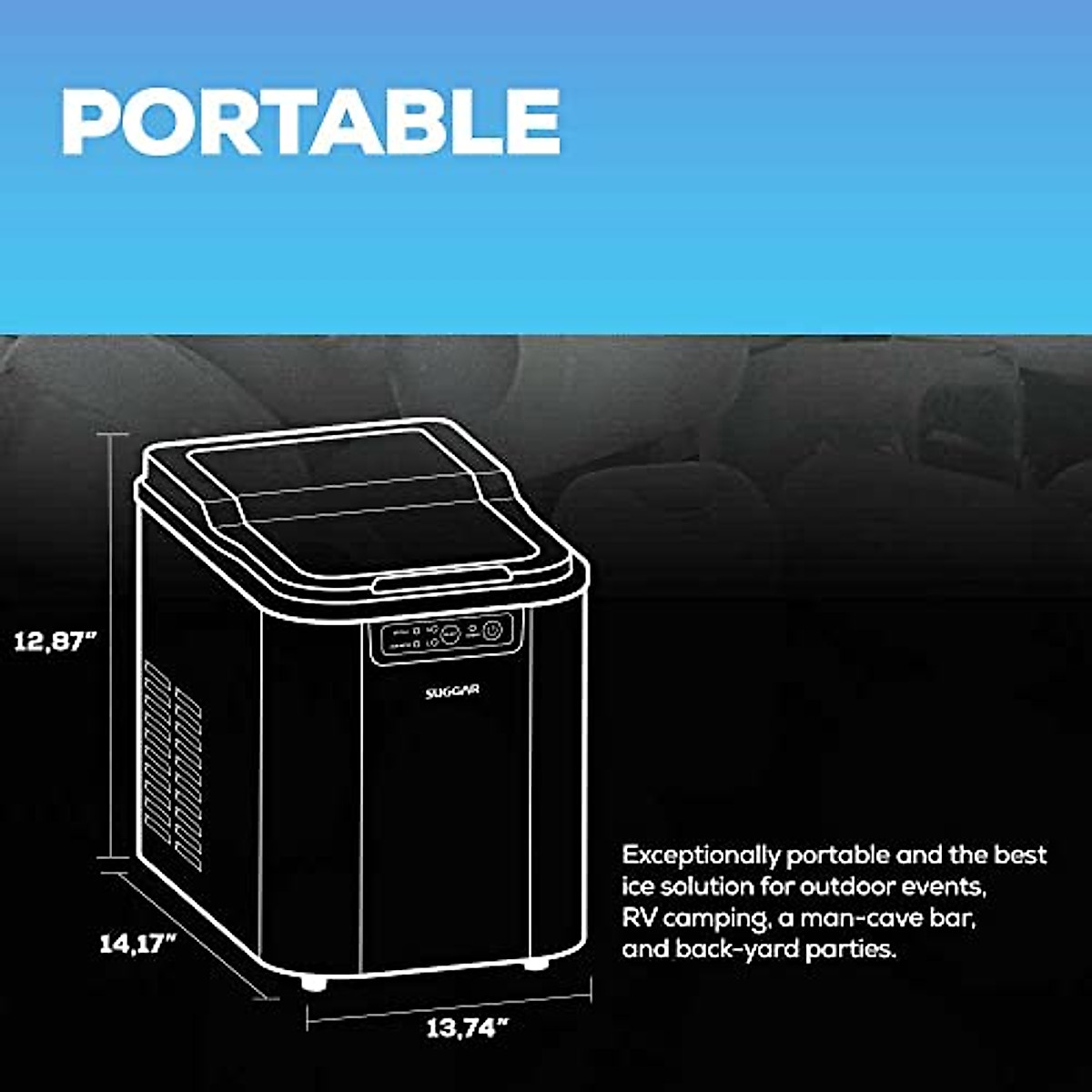 SUGGAR Ice Maker Machine – Mini Ice Machine with Scoop & Basket, 1.8 lbs Storage - Make 26 lbs Ice in 24 Hours – Self Cleaning Mode with Drainage Compact – Portable Ice Cube Maker (Indoor Outdoor)