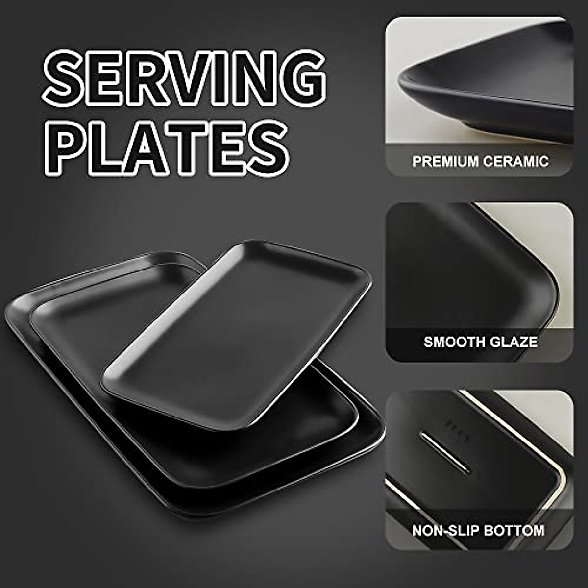 KOOV Ceramic Rectangular Serving Tray, 14/12/10 Inch Large Serving Platter, Porcelain Serving Plates with 3 Sizes, Ceramic Serving Dishes for Party, Food, Appetizers and Dinner, Set of 3 (Matte Black)