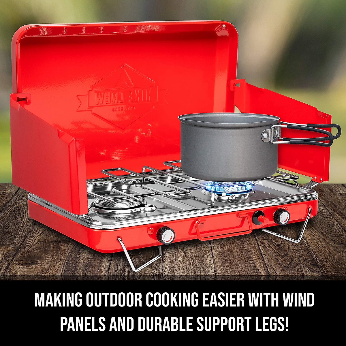 Hike Crew Gas Camping Stove | 20,000 BTU Portable Propane 2 Burner Stovetop | Integrated Igniter & Stainless Steel Drip Tray | Built-in Carrying Handle, Foldable Legs, Wind Panels | Includes Regulator