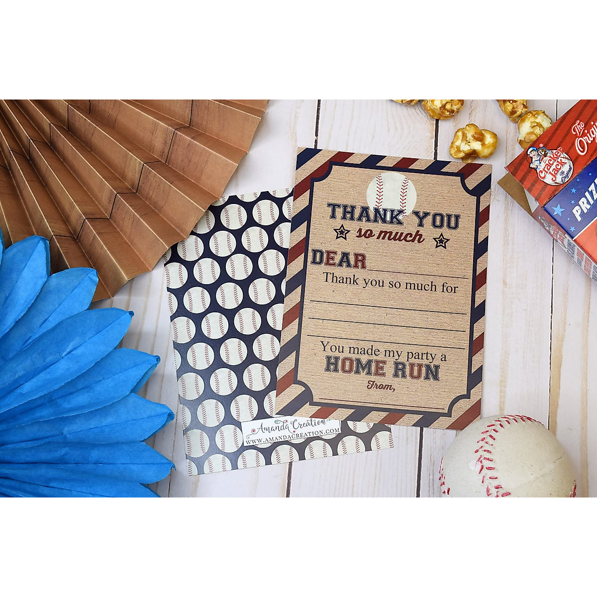 Rookie of the Year Baseball Birthday Thank You Notes, Ten 4" x 5.5" Fill In The Blank Cards with 10 White Envelopes by AmandaCreation