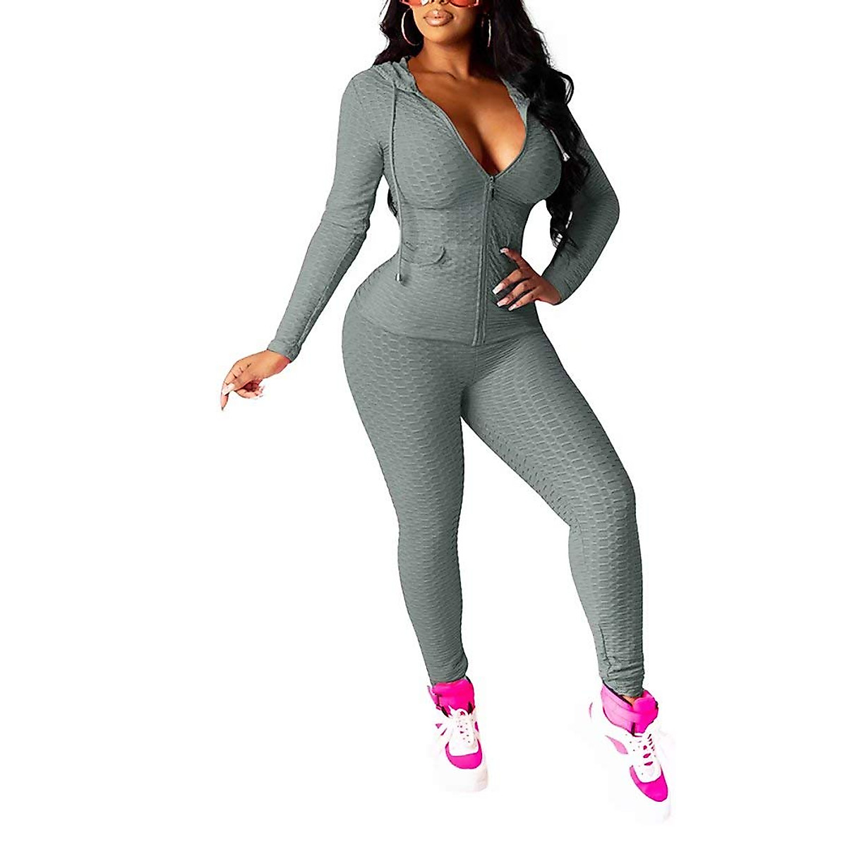 Fitness Exercise Workout Legging Clothes - Long Sleeve Zip Up Fitted Hoodies Top Long Skinny Pants Tracksuit Jogging Suits Grey S