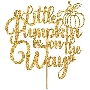 A Little Pumpkin is On The Way Cake Topper, Welcome Little Pumpkin Cake Decor, Fall Autumn Baby Shower/Halloween Thanksgiving Baby Gender Reveal Party Decorations Supplies, Gold Glitter
