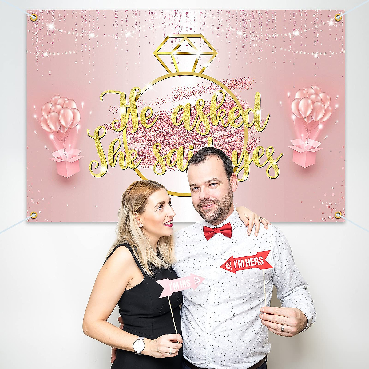 HAMIGAR 6x4ft He Asked She Said Yes Banner Backdrop - Wedding Engagement Decorations Party Supplies - Pink Gold