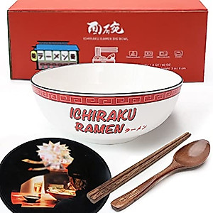 shiningsoul 4 PCS 一樂 Ramen Bowl Set - 60 OZ/ 1.8 QT Large Ceramic Bowls + Wooden Spoon & Chopsticks + Bowl Mat - 8" Big Salad Bowl, Dishwasher & Microwave Safe - Great Gift Idea For Anime Fans