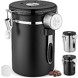 Zulay 21oz Coffee Canister For Ground Coffee - Stainless Steel Coffee Canisters With Scoop Holder & Date Tracker - Airtight Coffee Container & Coffee Storage For Coffee Jar, Tea, Sugar, Flour (Black)