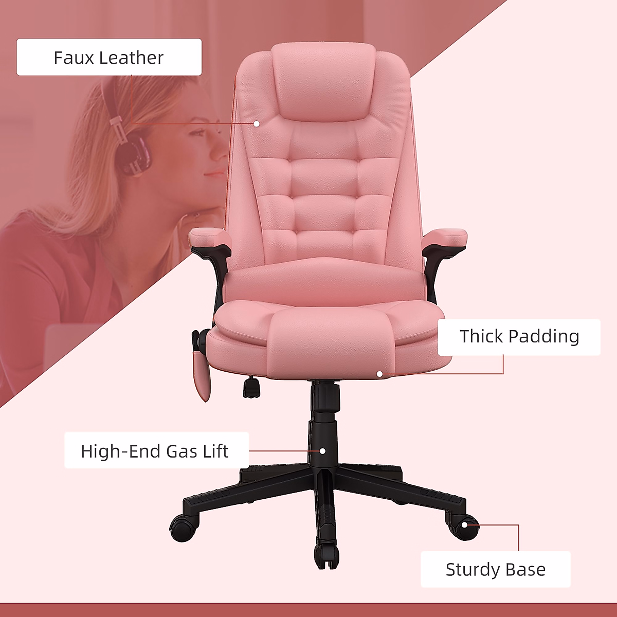 HOMCOM High Back Vibration Massage Office Chair with 6 Vibration Points, Heated Reclining PU Leather Computer Chair with Armrest and Remote, Pink